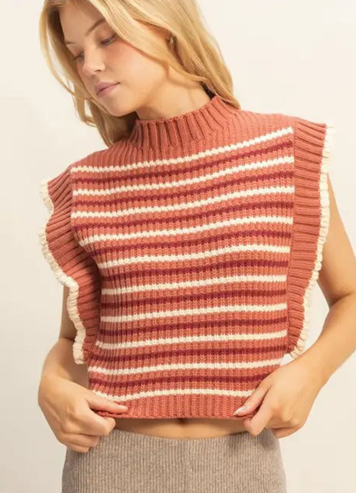 Striped Mock Neck Sleeveless Sweater in Rust by Hyfve – Martin's